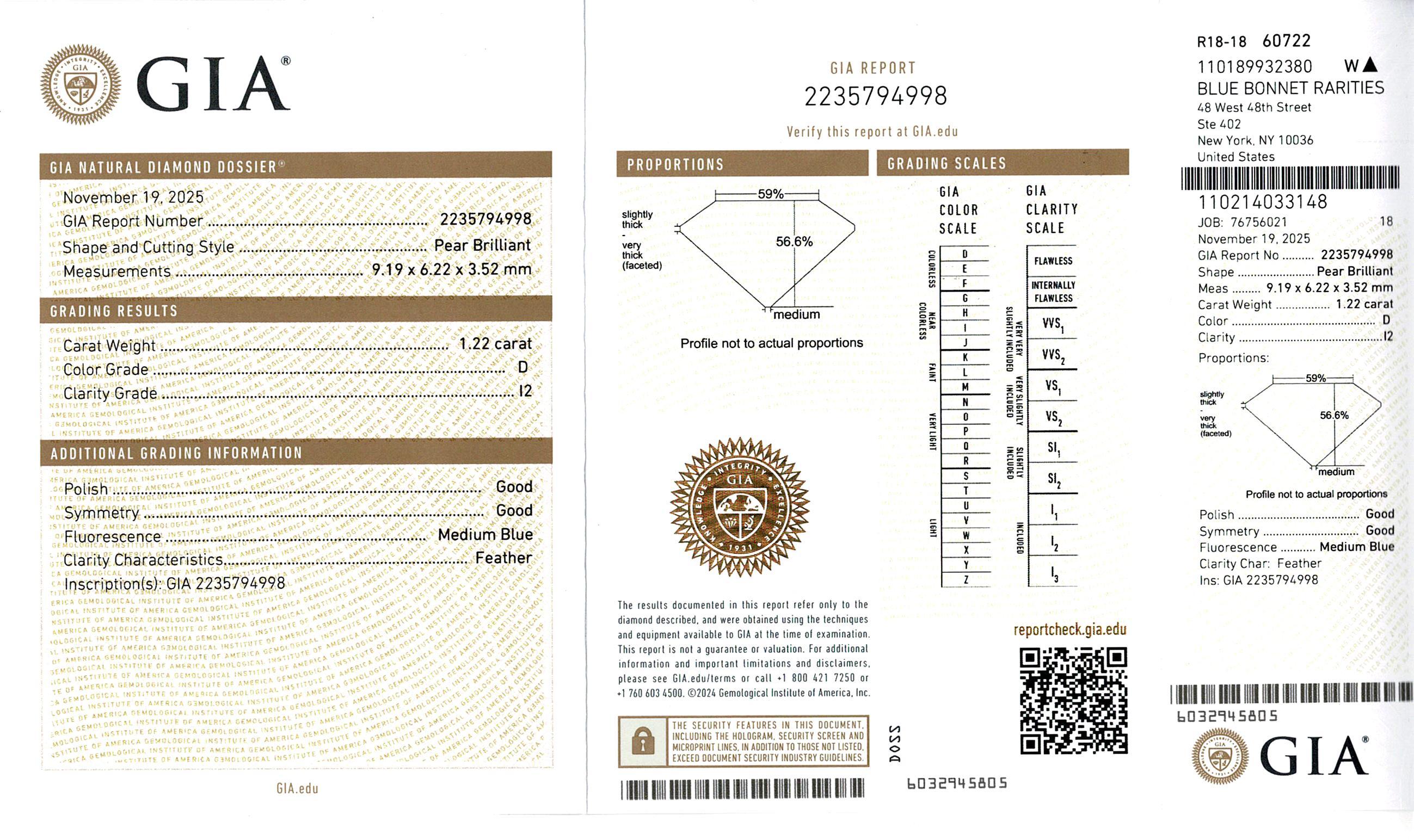 Vintage GIA Platinum 1.62tcw D I2 Pear Diamond Ring For Sale at 1stDibs