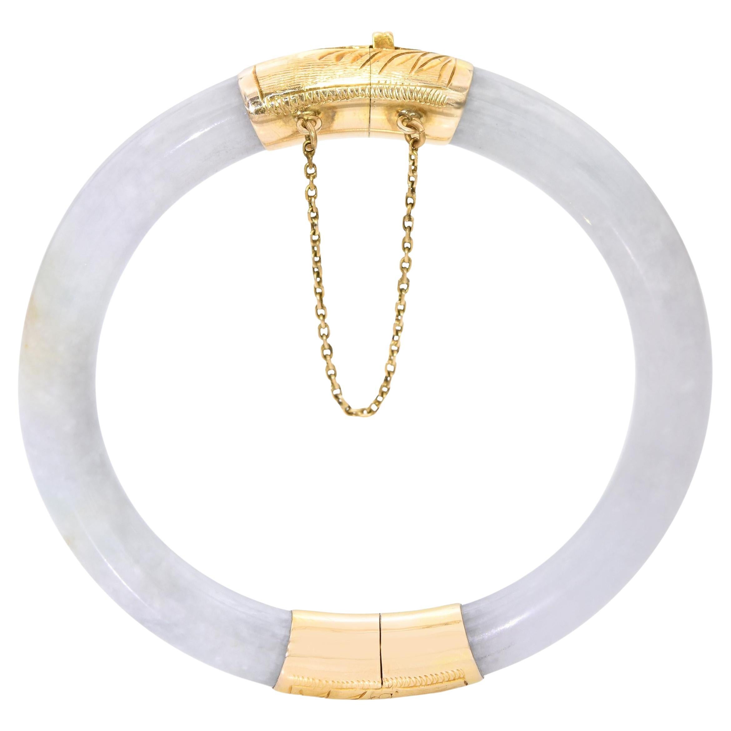 Vintage GIA Yellow Gold Type A White Jadeite Hinged Engraved Bangle For ...