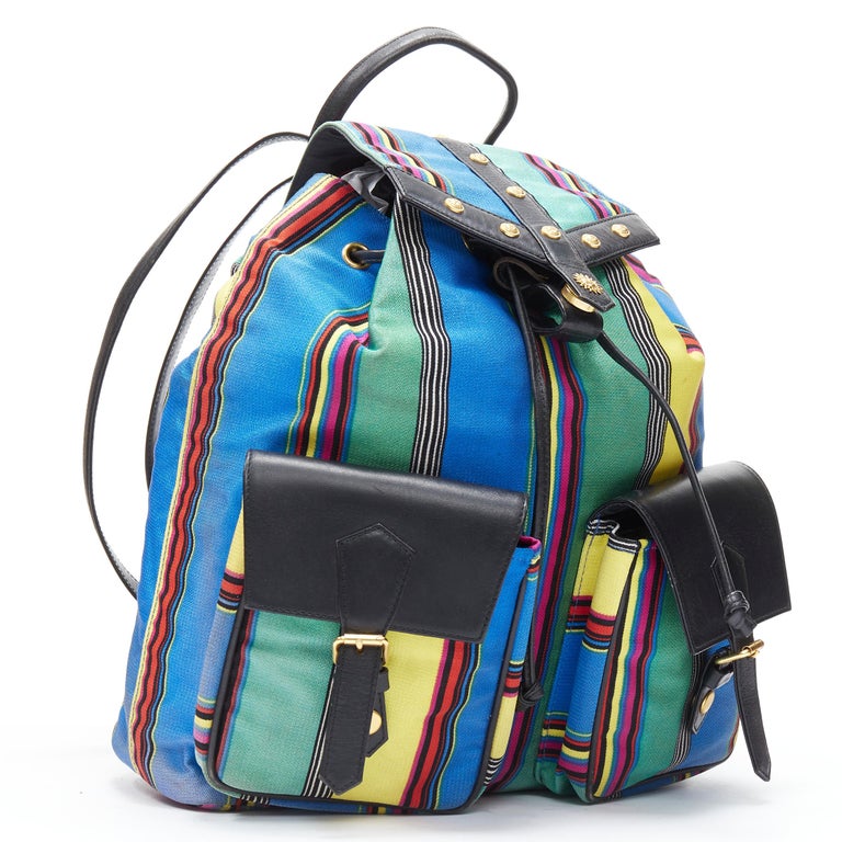vintage GIANNI VERSACE 1990's striped canvas gold studded flap backpack ...