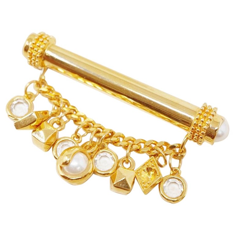 Vintage Gilded Bar Brooch with Chain and Charm Dangle by St. John ...