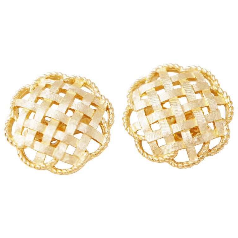 Vintage Gilded Basket Weave Earrings by Crown Trifari, 1950s at 1stDibs