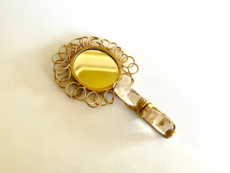 Vintage Gilded Bronze Rock Crystal Hand Mirror For Sale at 1stDibs