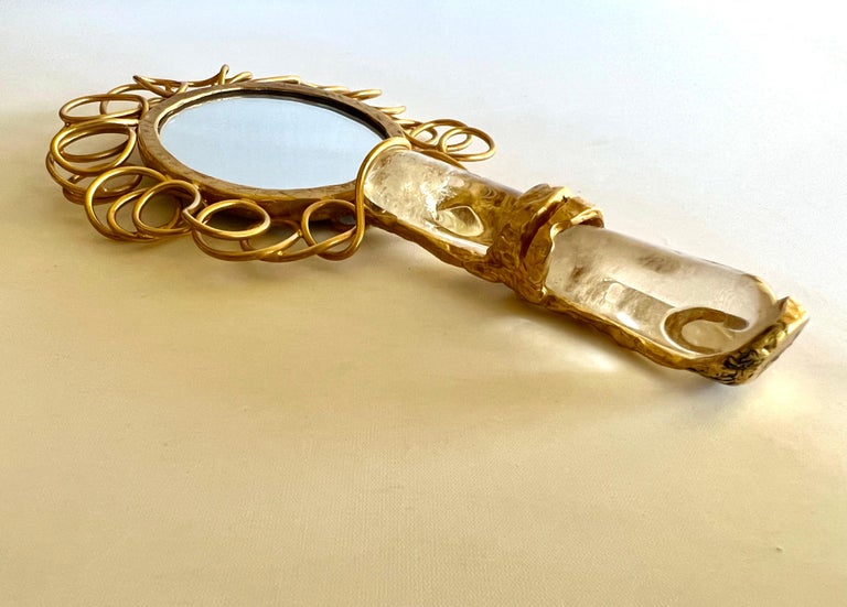 Vintage Gilded Bronze Rock Crystal Hand Mirror For Sale at 1stDibs