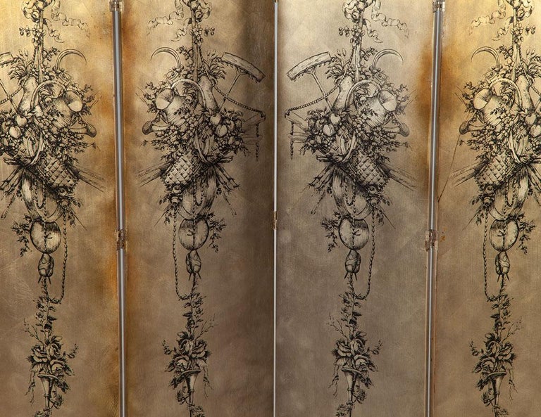 Vintage Gilded Four Panel Screen Room Divider by Edna Kaylor at 1stDibs