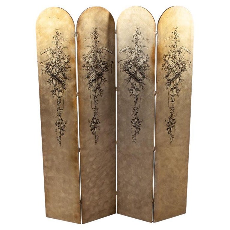 Vintage Gilded Four Panel Screen Room Divider by Edna Kaylor at 1stDibs
