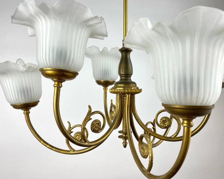 Vintage Gilt Brass and Frosted Glass Pendant Lighting For Sale at 1stDibs