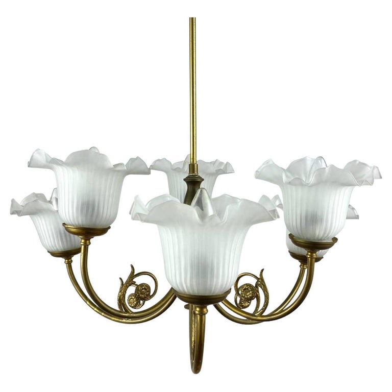 Vintage Gilt Brass and Frosted Glass Pendant Lighting For Sale at 1stDibs