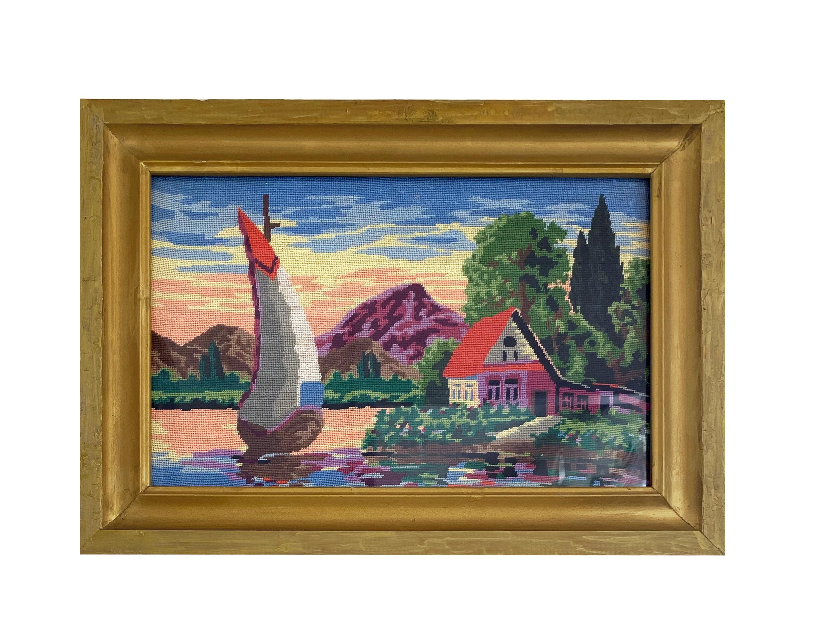 Vintage Gilt-Framed Needlepoint Landscape Artwork, a Pair For Sale at ...