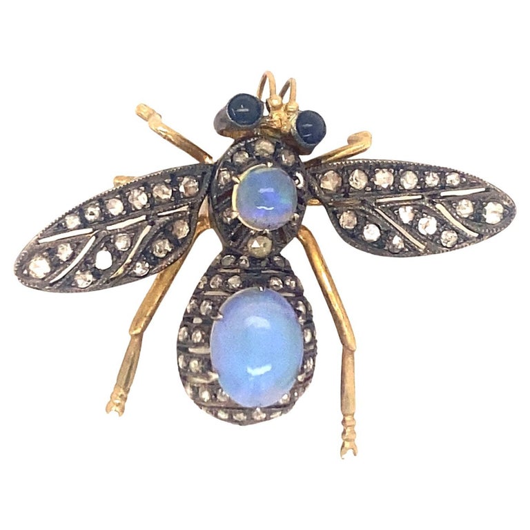 Vintage Gilt Silver Opal Diamond Sapphire Reticulated Bee Brooch at 1stDibs