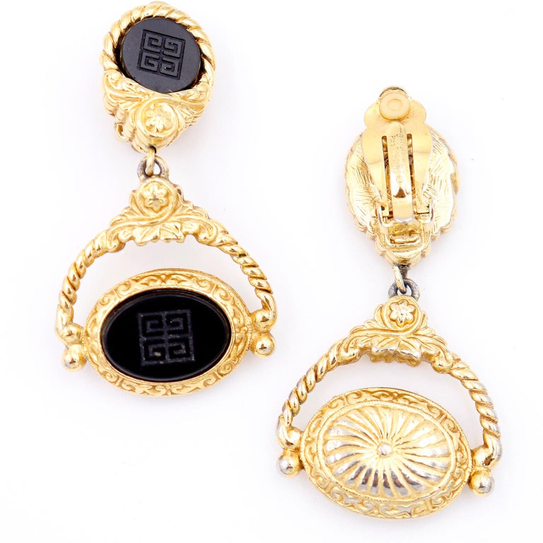 Vintage Givenchy Carved Black Logo Gold Drop Earrings For Sale at 1stDibs