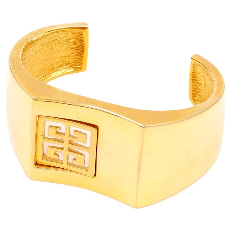 Vintage Givenchy Gold Plated Branded Cuff Bracelet For Sale at 1stDibs