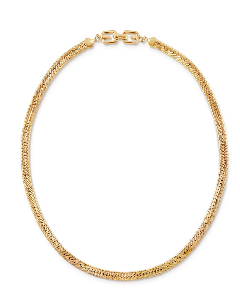 Vintage Givenchy Long Herringbone Chain Necklace with Logo Clasp, 1980s ...