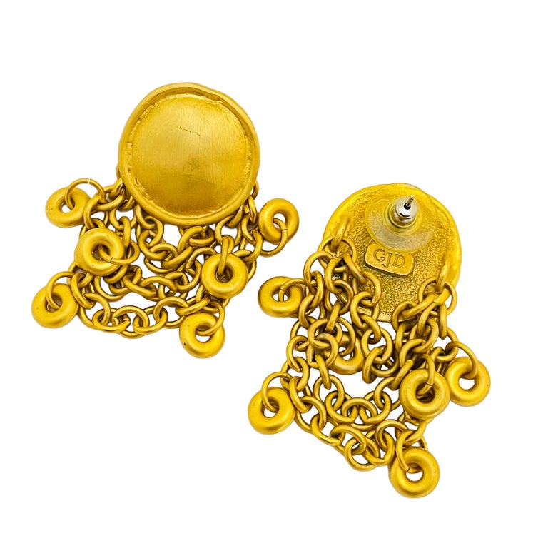 Vintage GJD matte gold chain designer runway pierced earrings For Sale ...