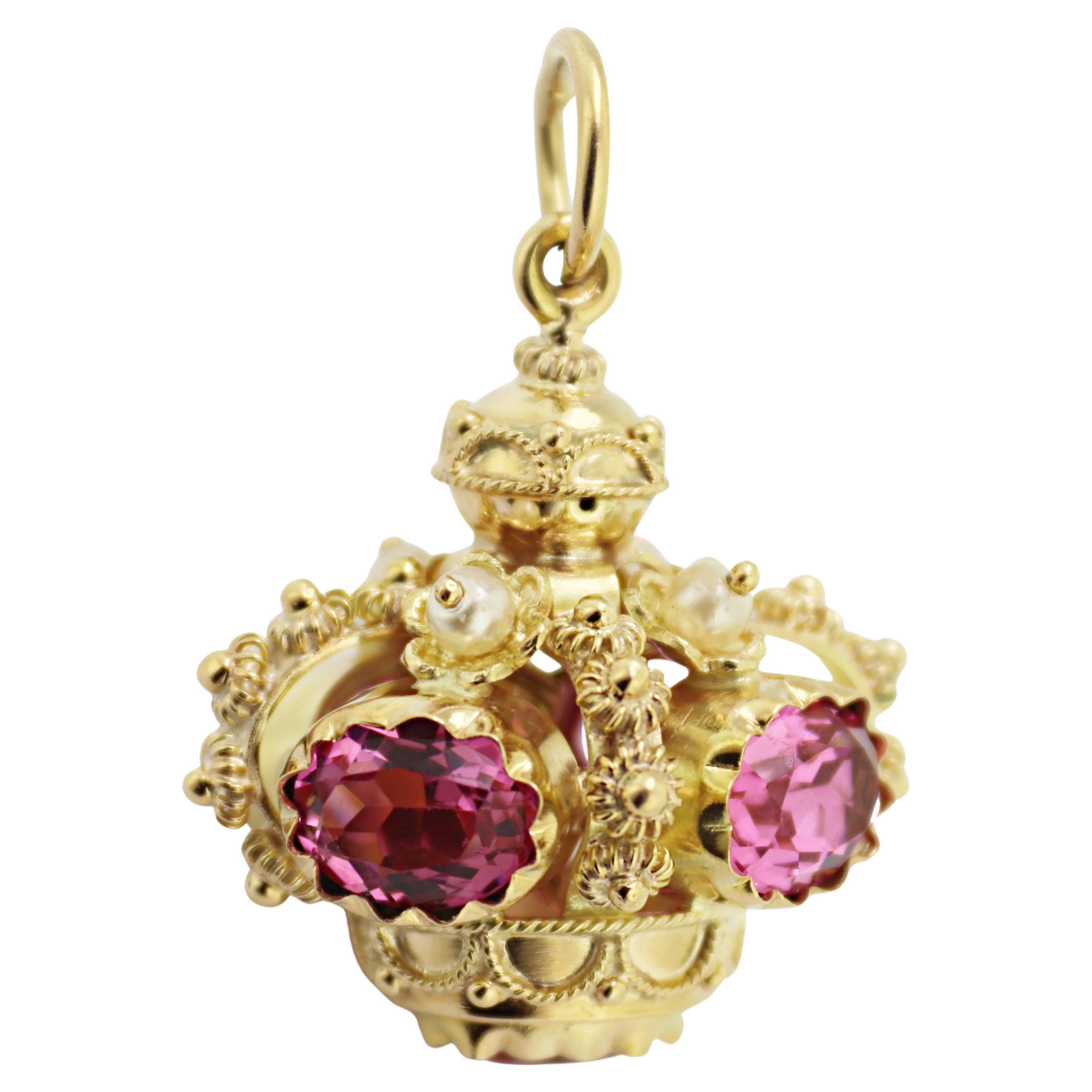 Vintage Glass 18K Yellow Gold Pitcher Fob / Pendant For Sale at 1stDibs