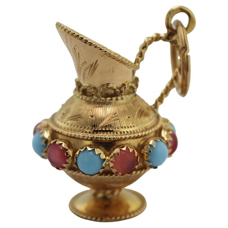 Vintage Glass 18K Yellow Gold Pitcher Fob / Pendant For Sale at 1stDibs