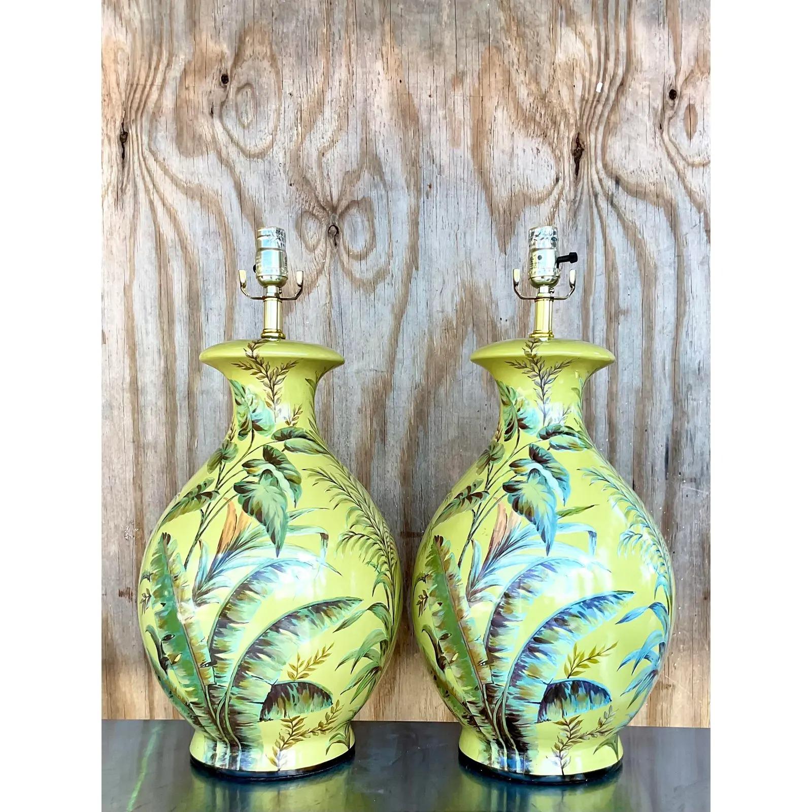 Vintage Glazed Ceramic Botanical Print Lamp - a Pair at 1stDibs
