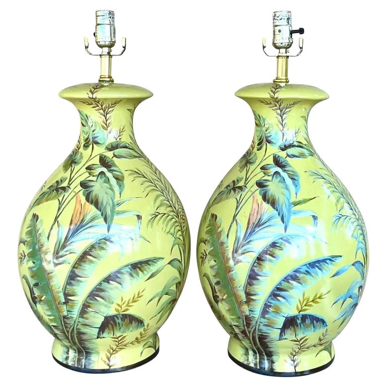 Vintage Glazed Ceramic Botanical Print Lamp - a Pair at 1stDibs