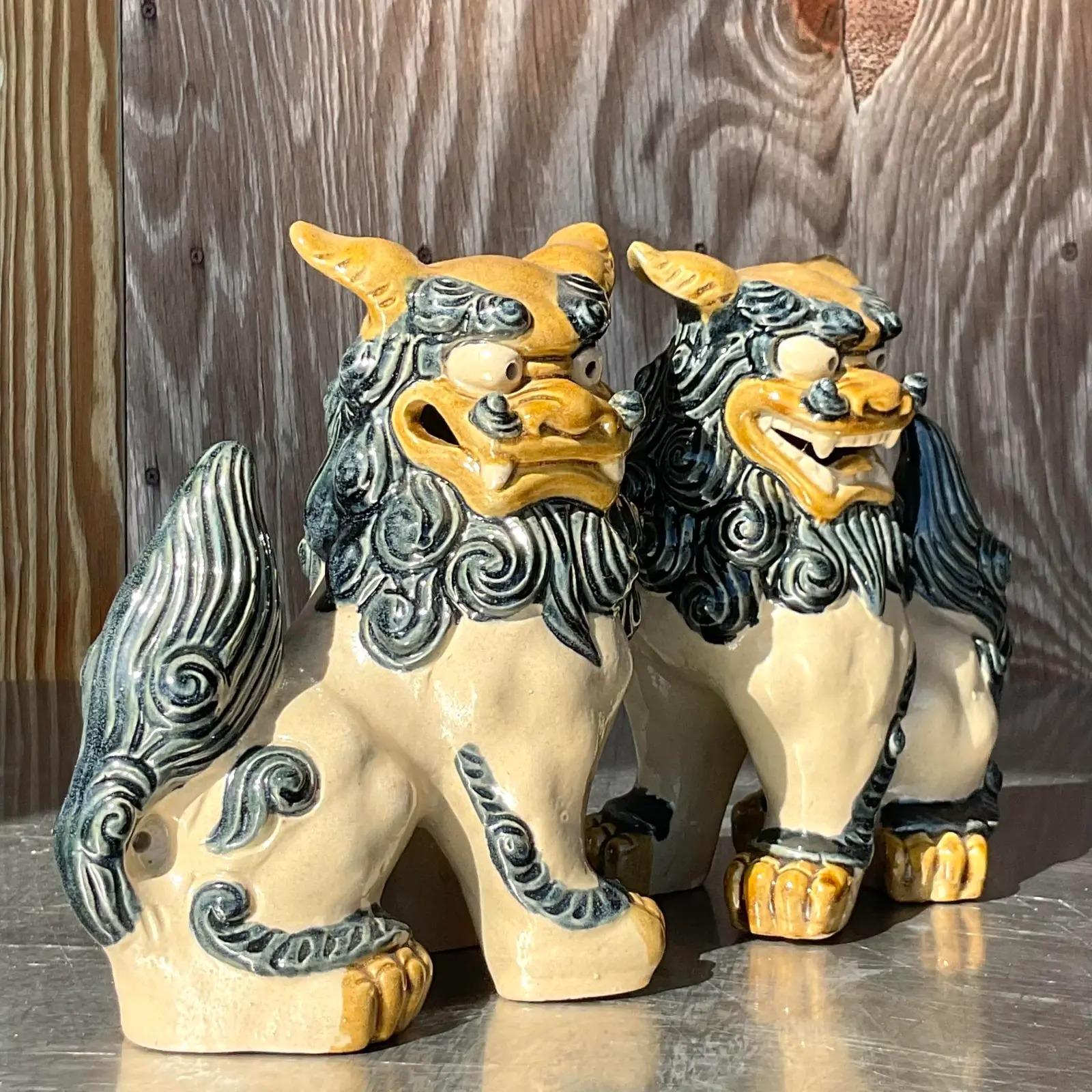 Vintage Glazed Ceramic Foo Dogs, Pair at 1stDibs