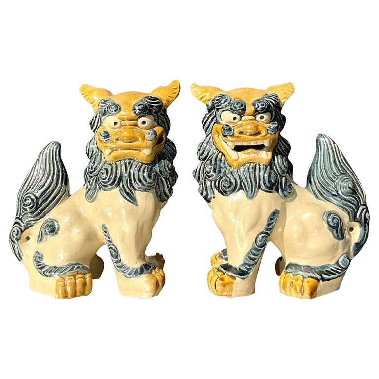 Vintage Glazed Ceramic Foo Dogs, Pair For Sale at 1stDibs