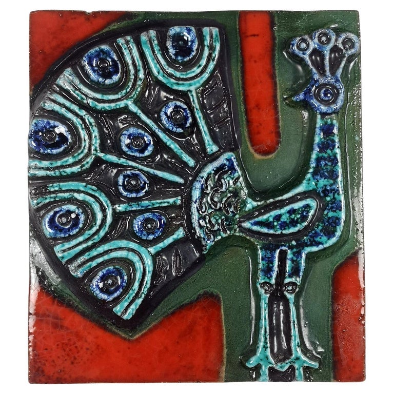 Vintage Glazed Ceramic Wall Plaque, with Peacock Motiv, 1970s at 1stDibs
