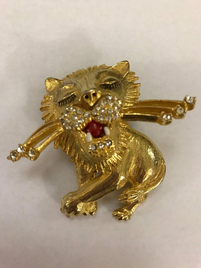 Vintage Gold and Rhinestone Lion Pin Brooch at 1stDibs