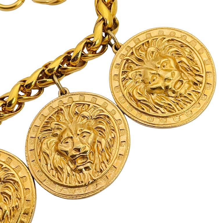 Vintage gold chain coin lions charm designer runway necklace For Sale ...