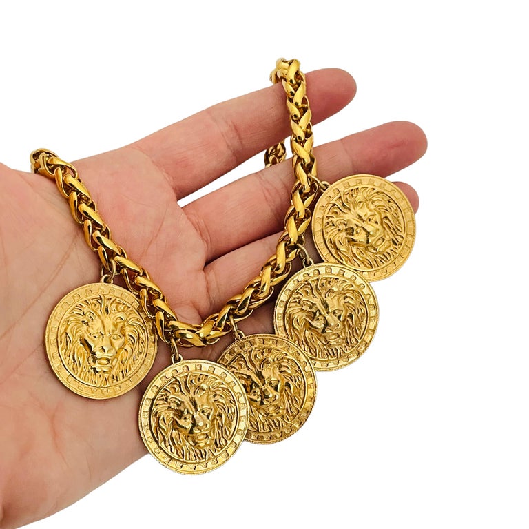Vintage gold chain coin lions charm designer runway necklace For Sale ...