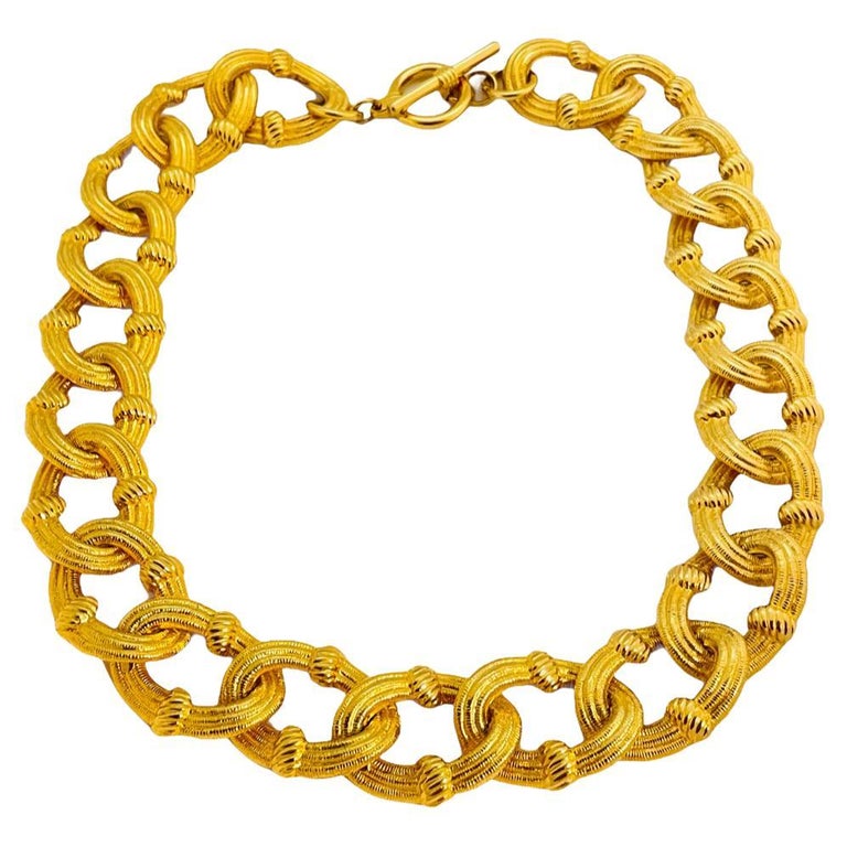 Vintage gold chunky link chain textured toggle necklace at 1stDibs ...