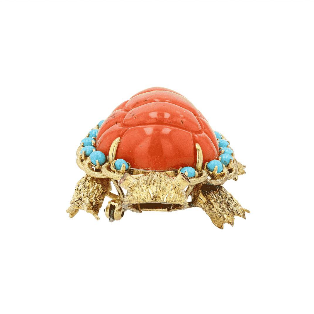Vintage Gold, Coral, Turquoise, and Ruby Turtle Brooch For Sale at 1stDibs