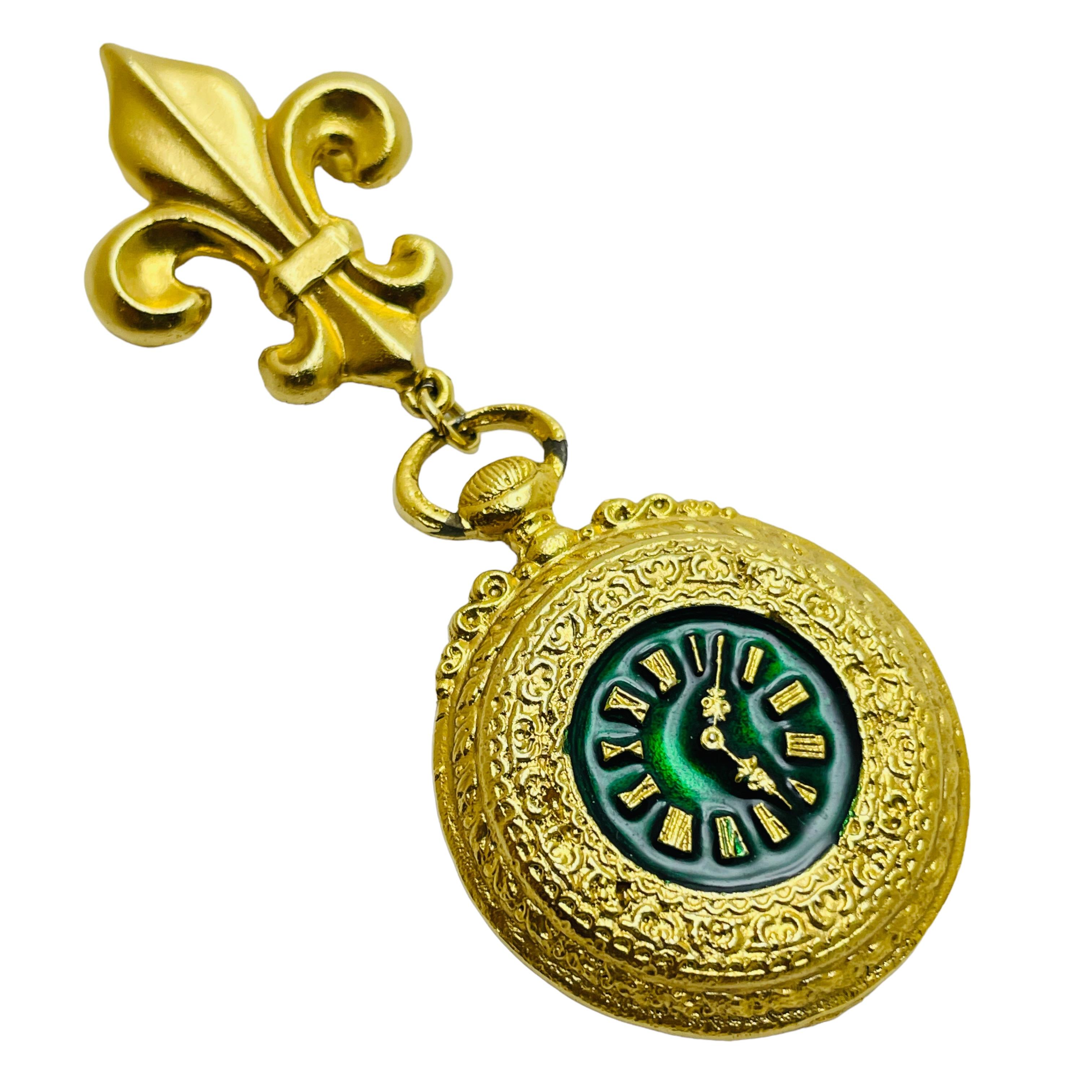 Vintage gold enamel fleur de lis dangle clock designer brooch For Sale ...