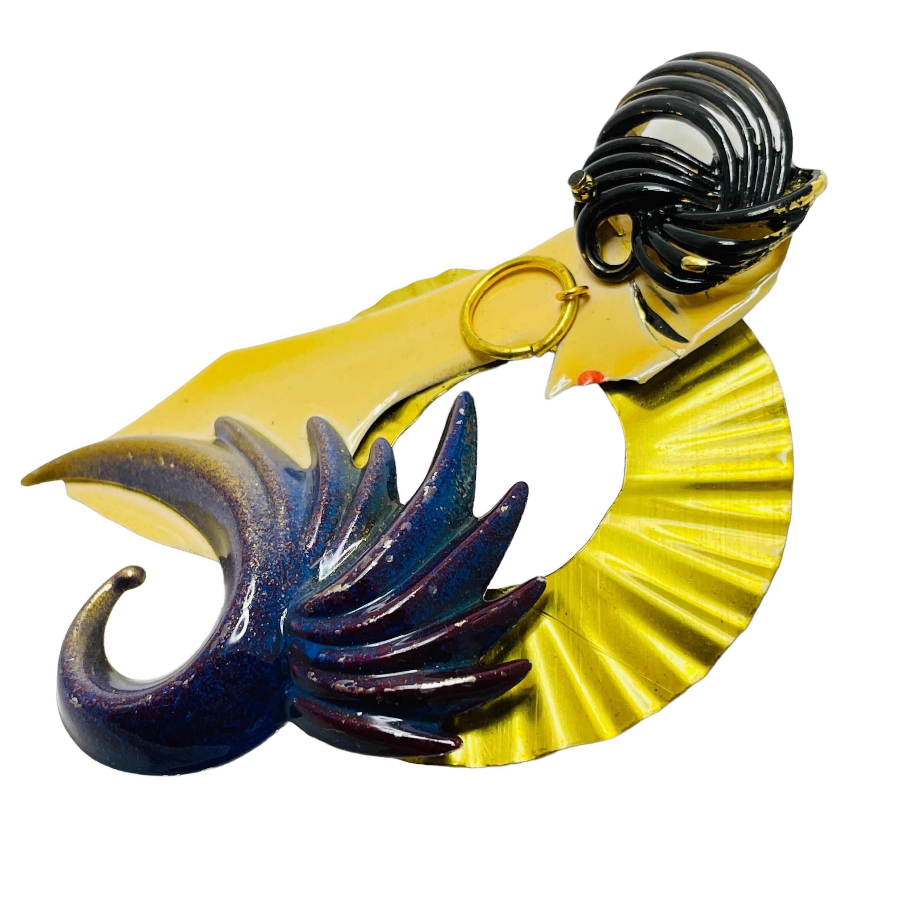 Vintage gold enamel lady artisan designer brooch For Sale at 1stDibs