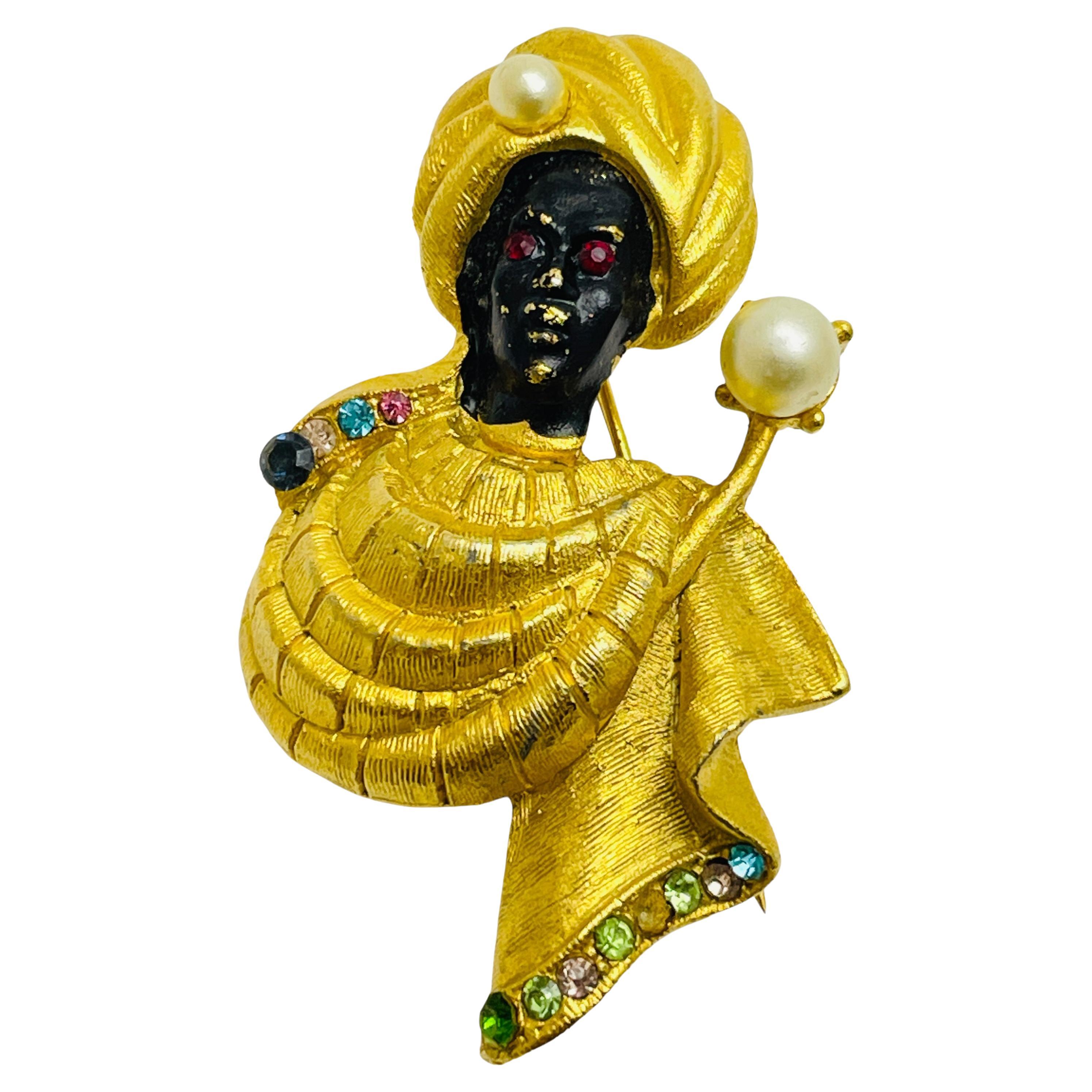 Vintage gold enamel rhinestone blacamoor maharaja designer brooch For ...