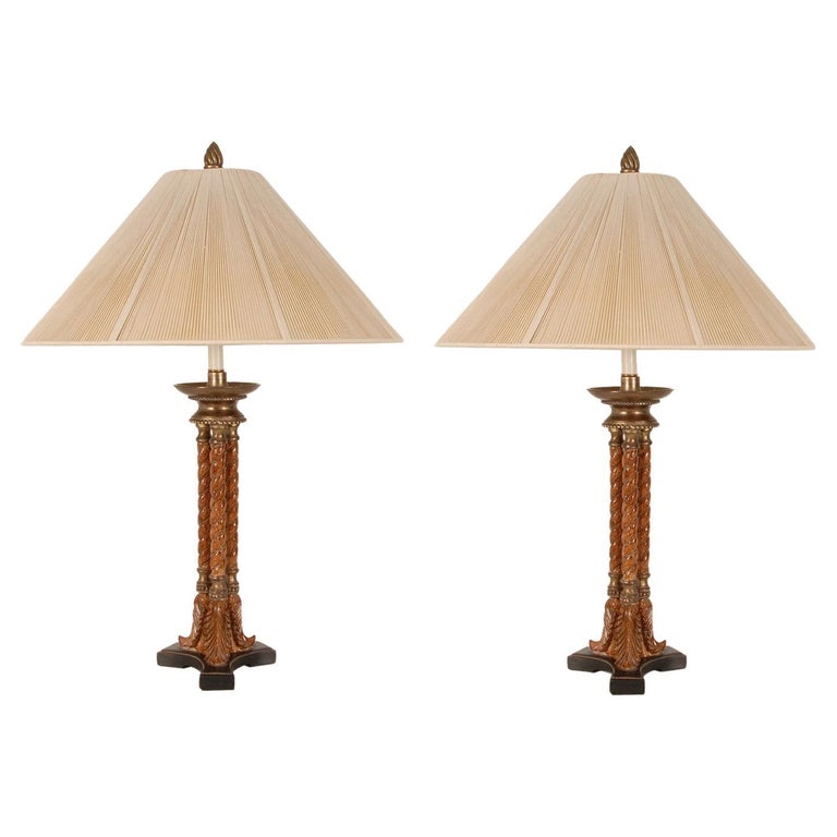 Vieille lampe de table athenienne tripode en bronze doré et bois de ...