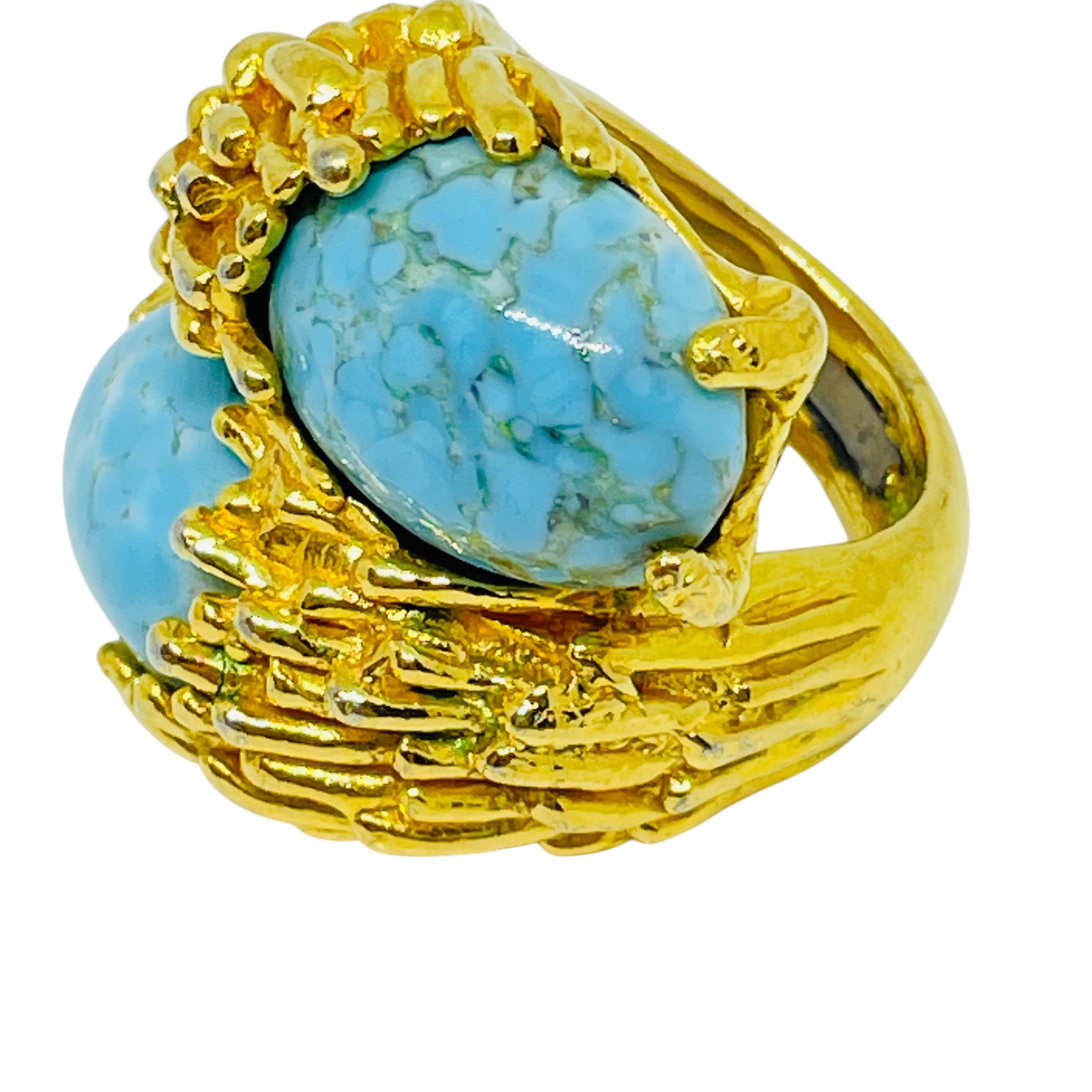 Vintage gold gold turquoise glass cocktail designer ring For Sale at ...