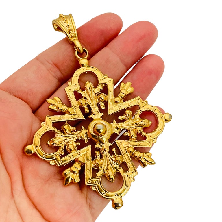 Vintage gold huge Maltese cross pendant necklace designer runway For ...