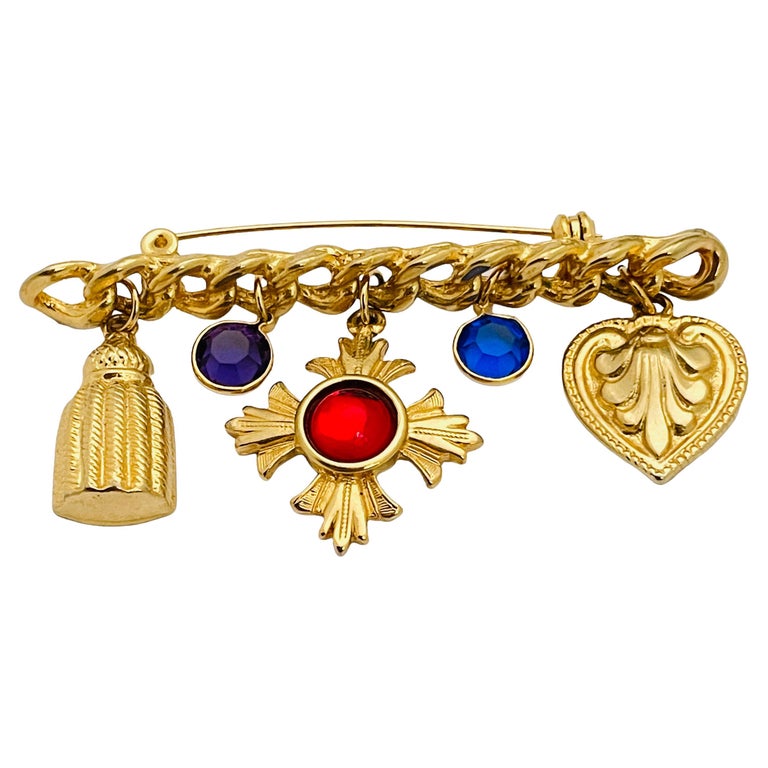 Vintage gold jewel cross charm chain designer runway brooch For Sale at ...