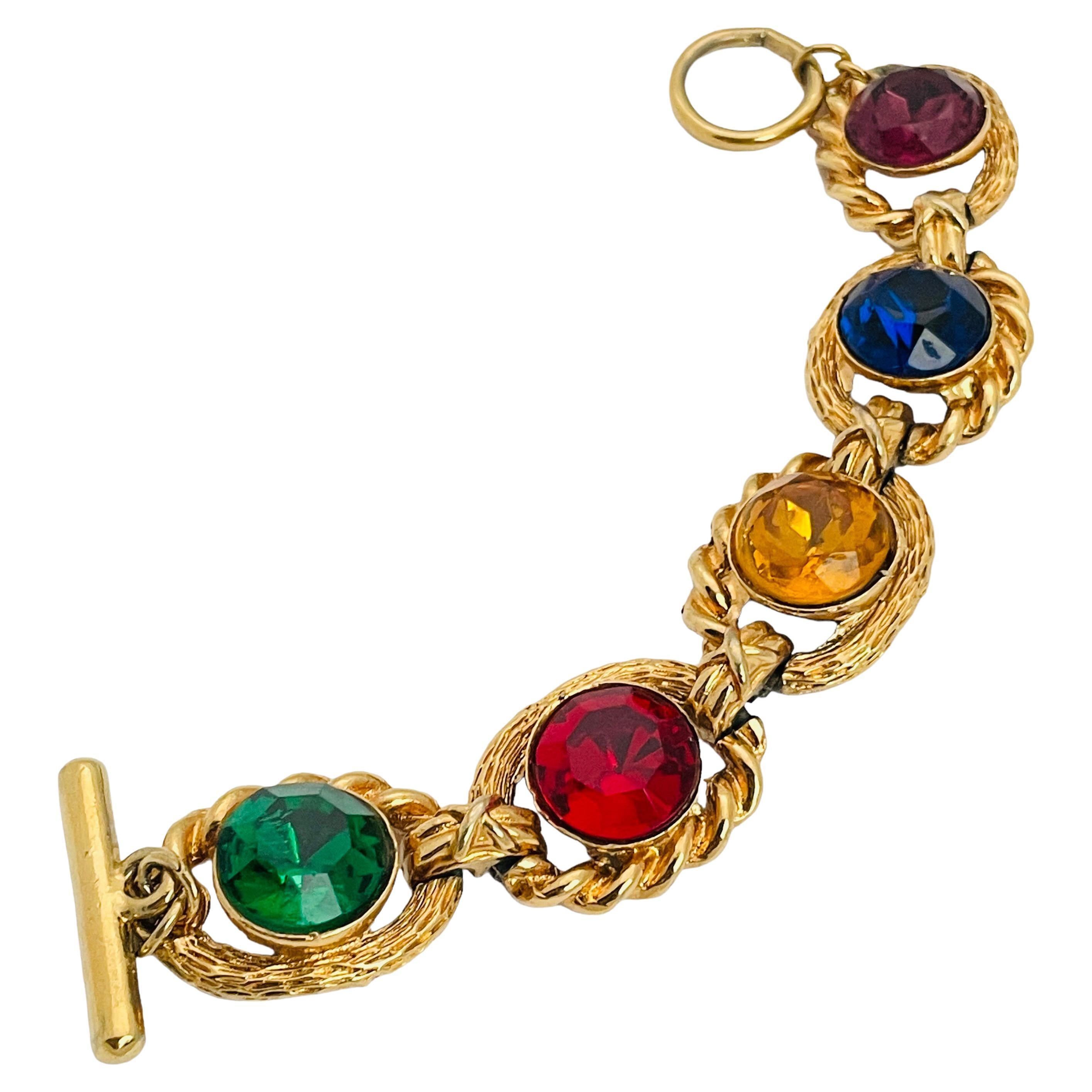 Vintage gold jewel glass stones link toggle bracelet at 1stDibs