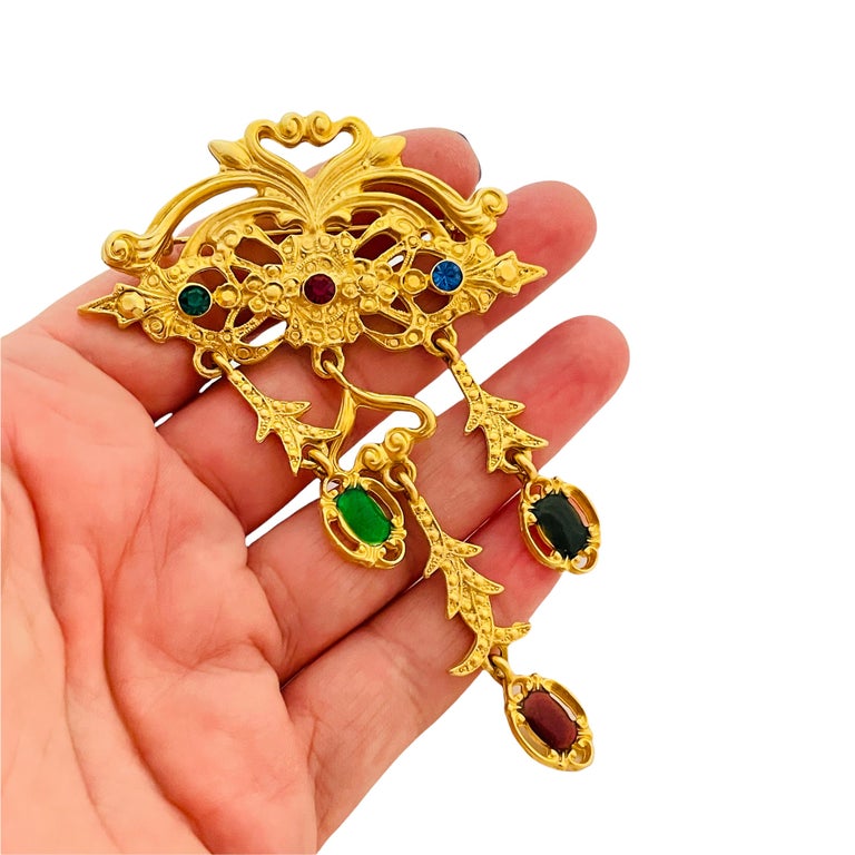 Vintage gold jewel rhinestone dangle designer runway brooch For Sale at ...