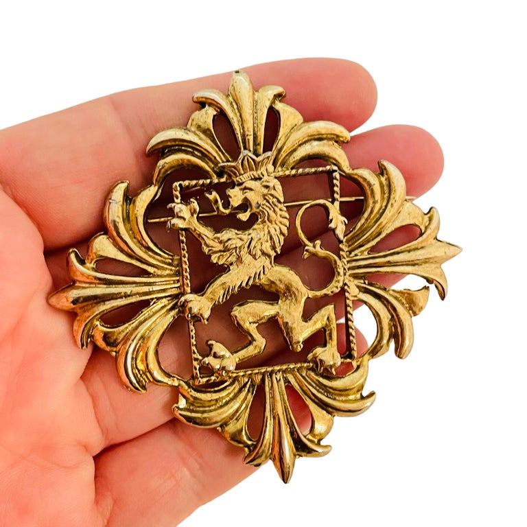 Vintage gold lion crown huge designer brooch at 1stDibs