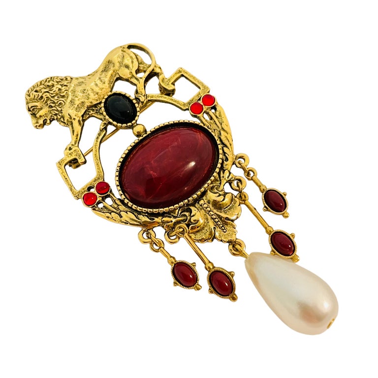 Vintage gold lion huge faux gemstones pearls designer brooch For Sale ...