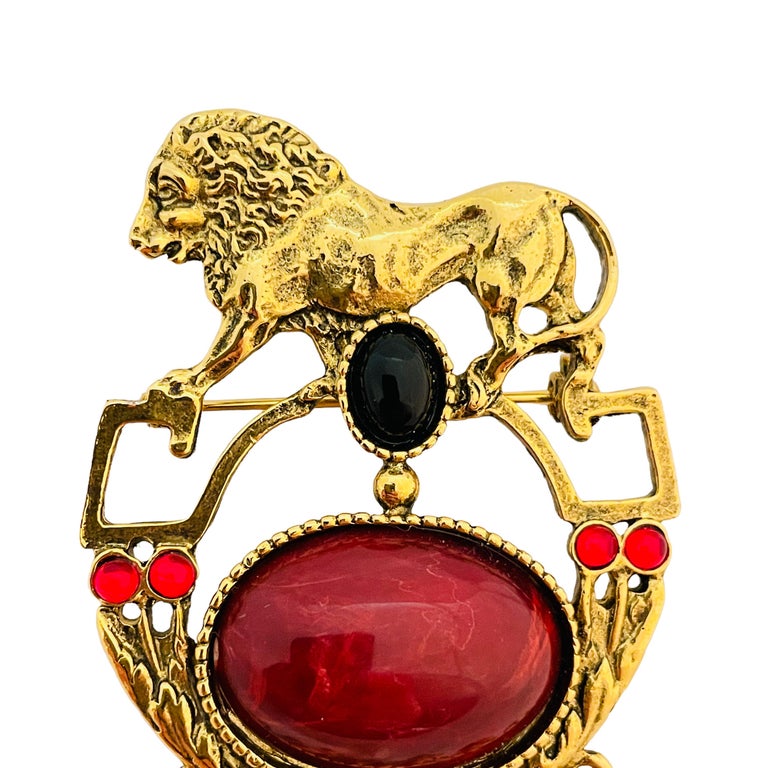 Vintage gold lion huge faux gemstones pearls designer brooch For Sale ...