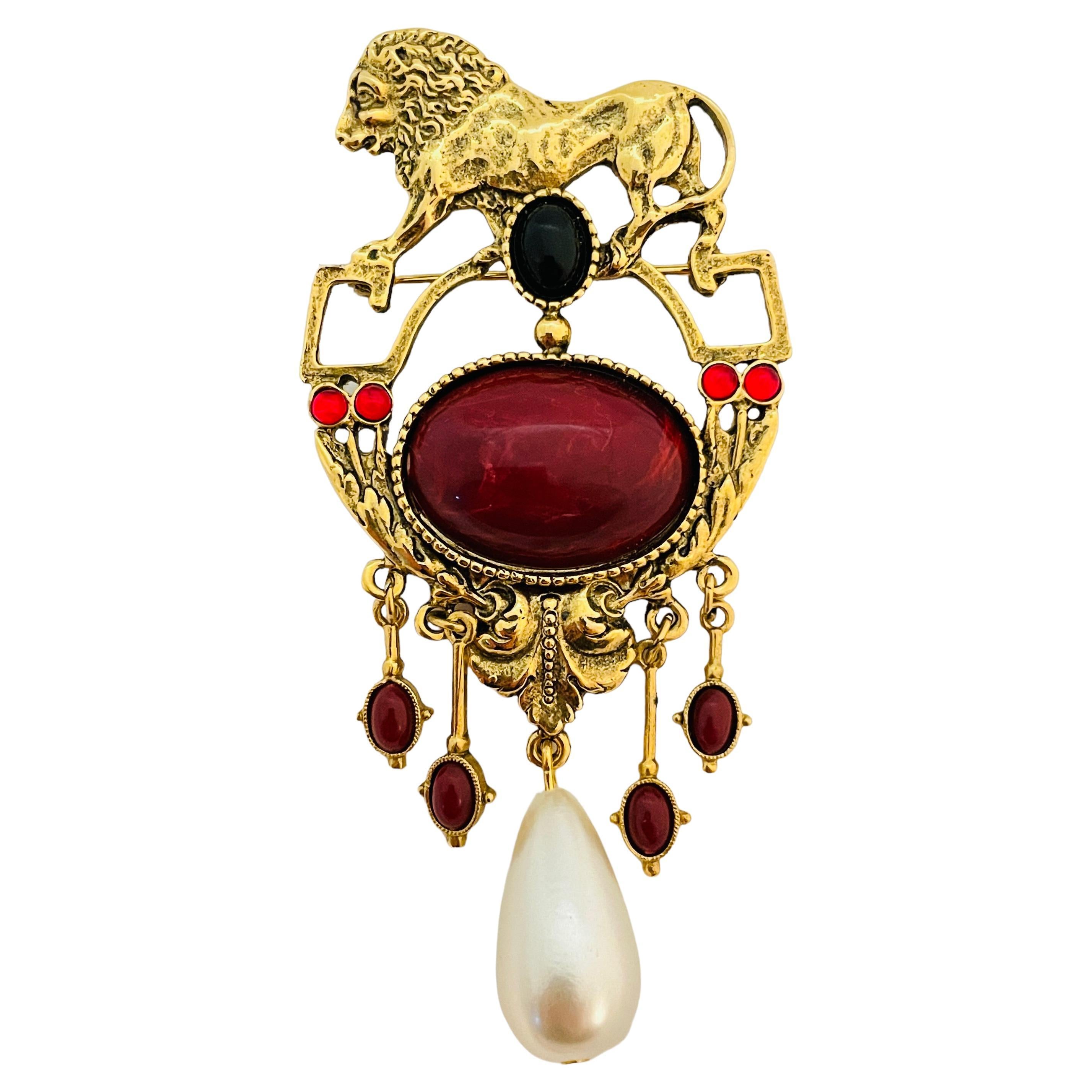 Vintage gold lion huge faux gemstones pearls designer brooch For Sale ...