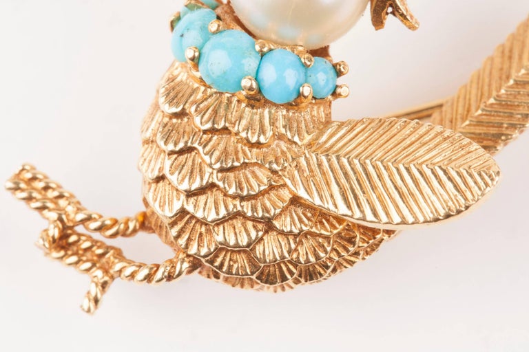 Gold Pearl Rubies and Turquoise French Bird Brooch at 1stDibs