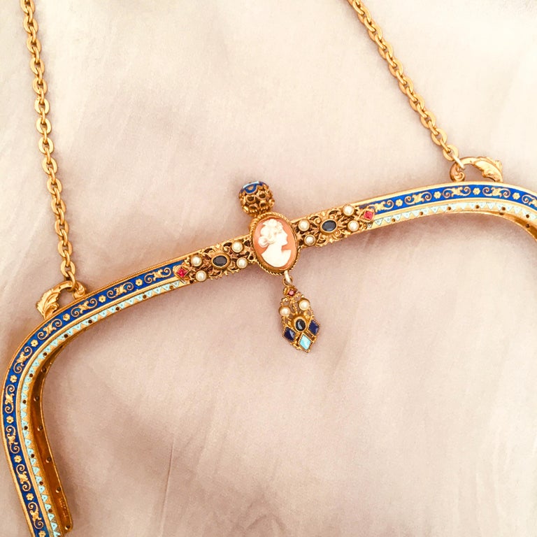 Mid-Century Enamel Jeweled Clutch Bag Clasp Frame For Sale at 1stDibs