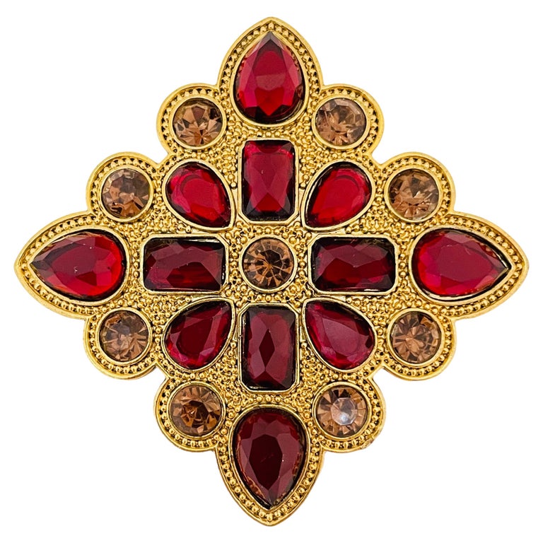Vintage gold red purple rhinestone designer runway brooch at 1stDibs