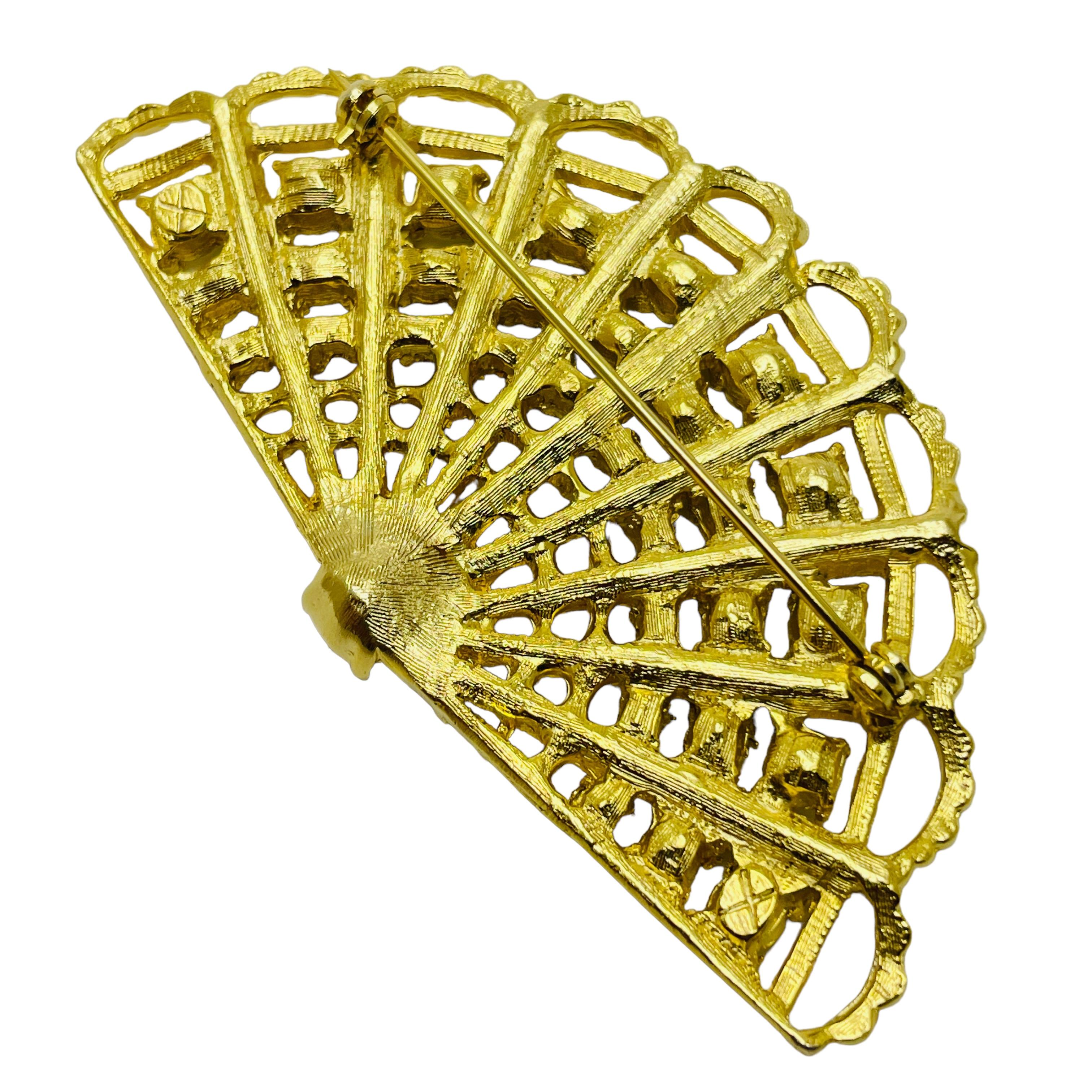 Vintage gold rhinestone fan designer runway brooch For Sale at 1stDibs