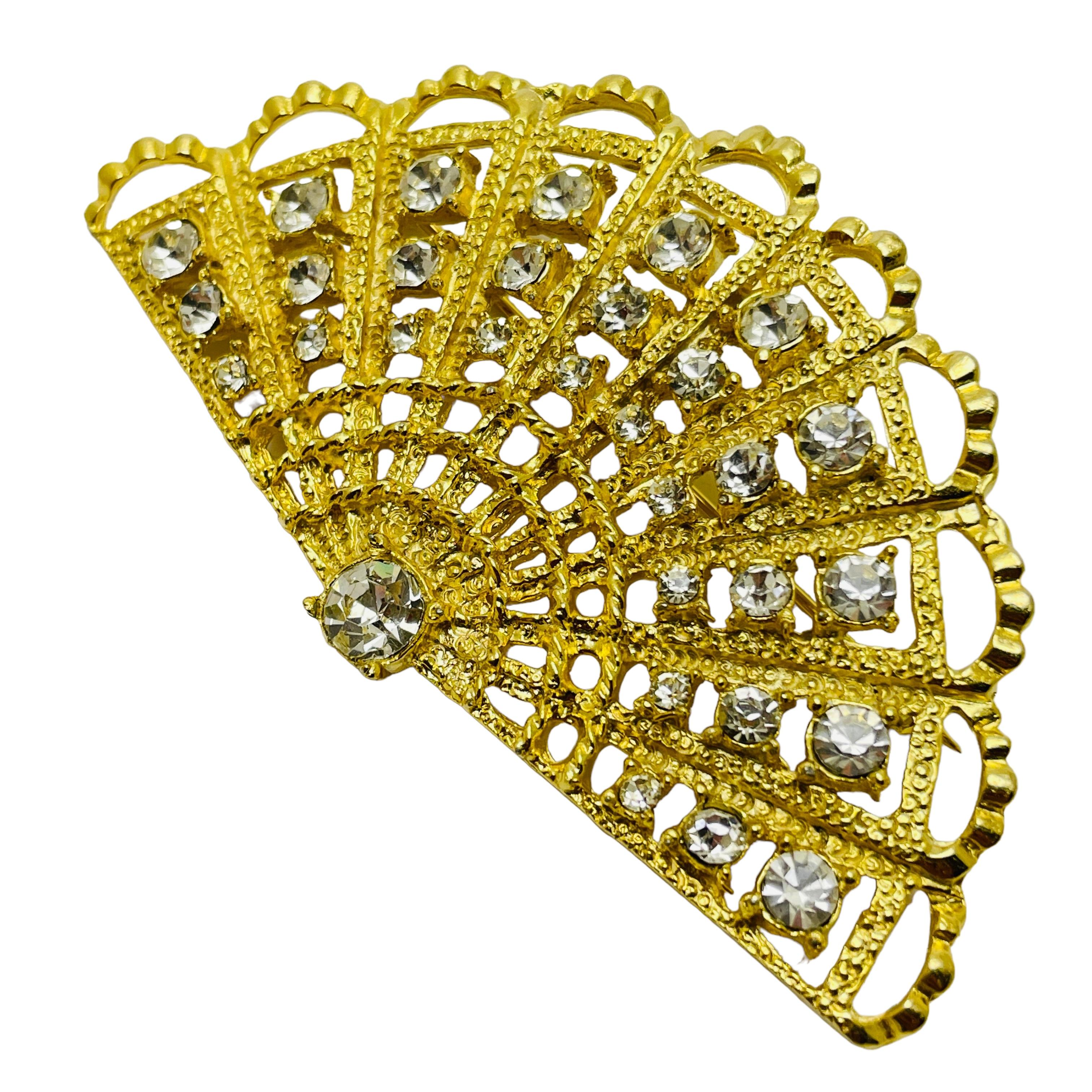 Vintage gold rhinestone fan designer runway brooch For Sale at 1stDibs