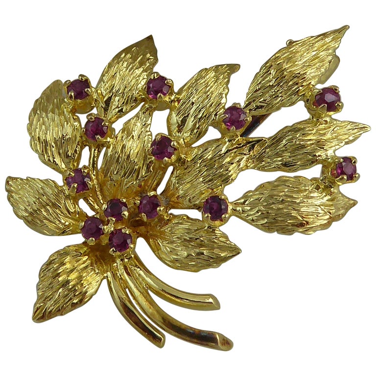 Vintage Gold Ruby Brooch, Floral Spray Design, Hallmarked London, 1979 ...