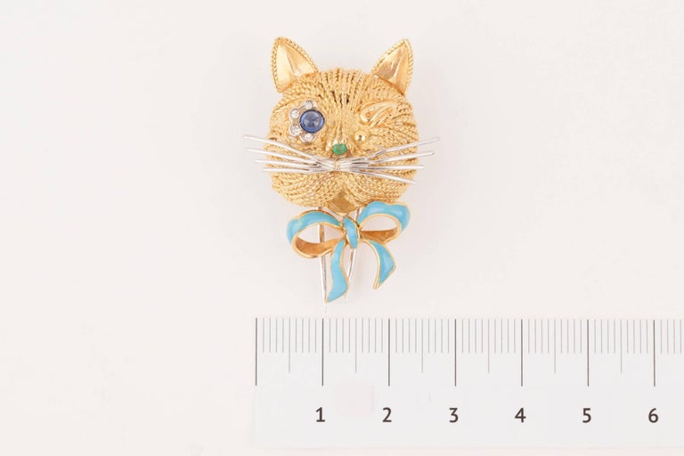 Vintage Gold Sapphire Diamonds and Enamel French Cat Brooch at 1stDibs ...
