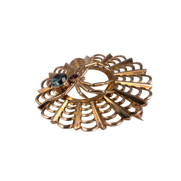Vintage Gold Spider Web Brooch 0.78 Carat Zircon and Ruby Gemstone ...
